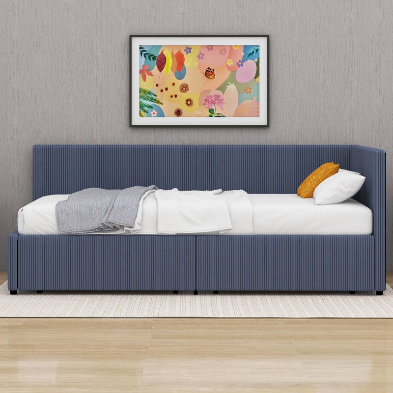 Kirsha Twin Size Corduroy Upholstered L Shape Corner Bed with Two Drawers and Vertical Striped Design Latitude Run Color Blue